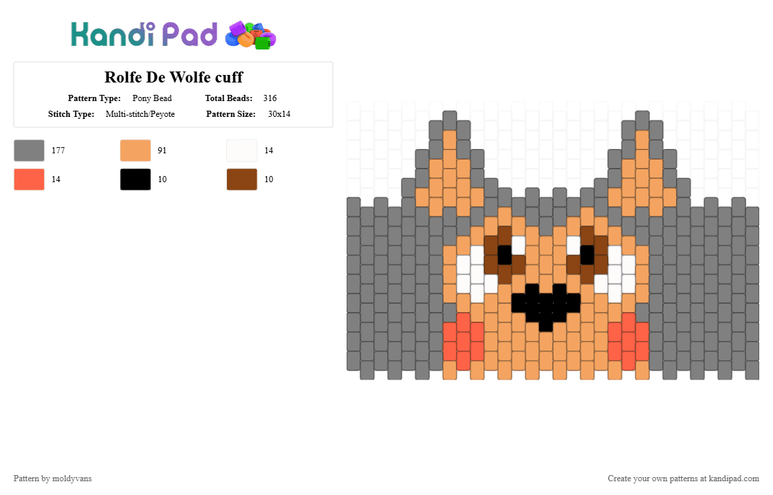 Rolfe De Wolfe cuff Pony Bead Pattern - Kandi Pad | Kandi Patterns ...