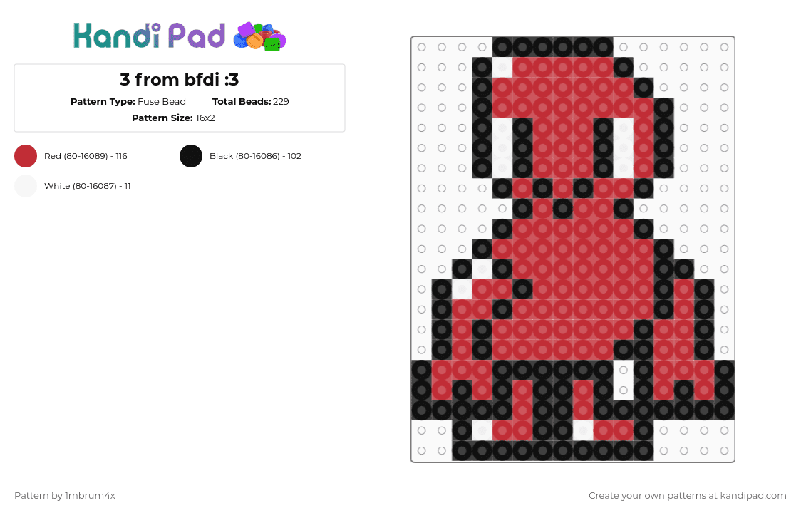 3 from bfdi :3 Fuse Bead Pattern - Kandi Pad | Kandi Patterns, Fuse ...
