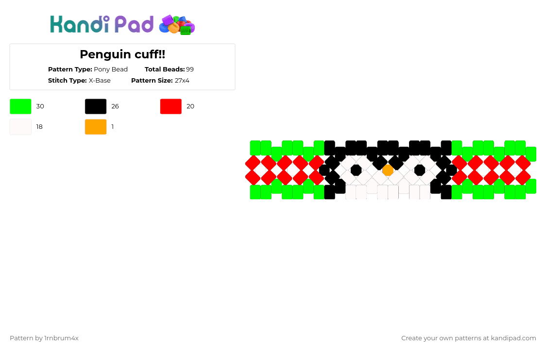 Penguin cuff!! Pony Bead Pattern - Kandi Pad | Kandi Patterns, Fuse ...