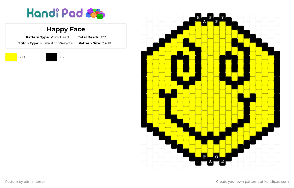 Happy Face Pony Bead Pattern - Kandi Pad | Kandi Patterns, Fuse Bead ...