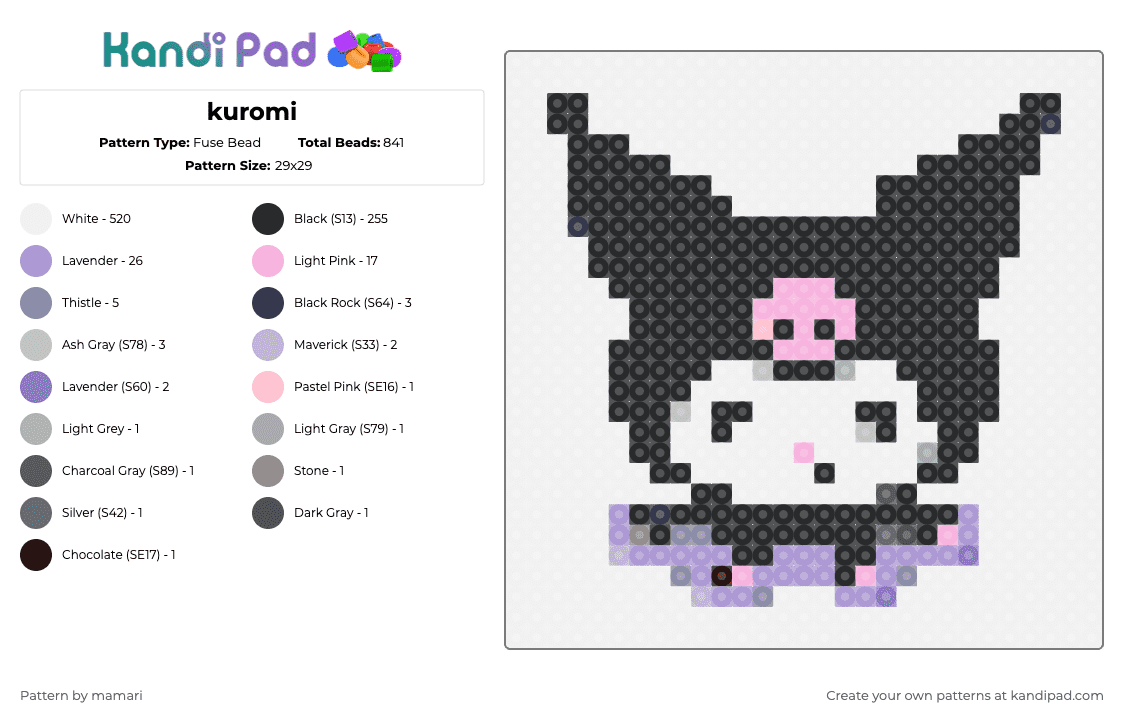 Kuromi Fuse Bead Pattern - Kandi Pad | Kandi Patterns, Fuse Bead ...