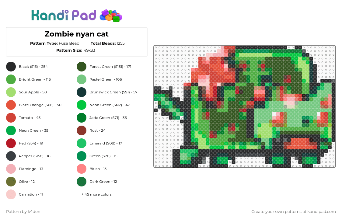 Zombie nyan cat Fuse Bead Pattern - Kandi Pad | Kandi Patterns, Fuse ...