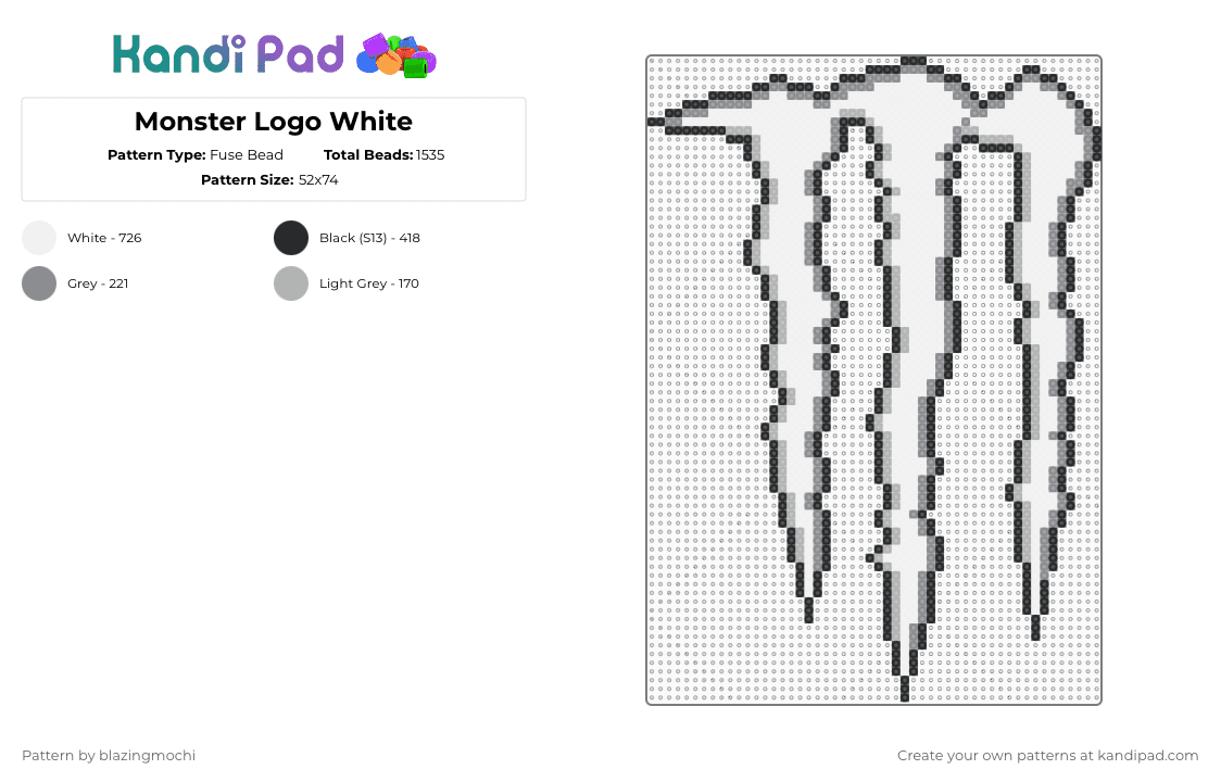 Monster Logo White Fuse Bead Pattern - Kandi Pad | Kandi Patterns, Fuse ...