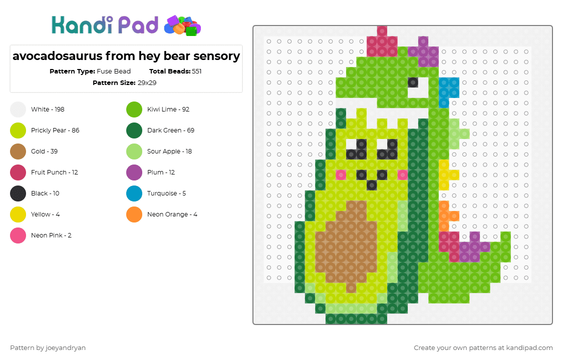 Avocadosaurus from hey bear sensory Fuse Bead Pattern - Kandi Pad ...