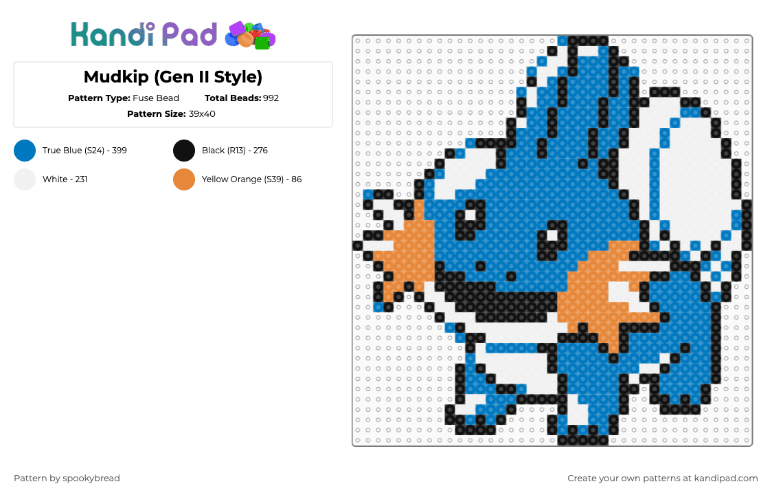 Mudkip (Gen II Style) Fuse Bead Pattern - Kandi Pad | Kandi Patterns ...
