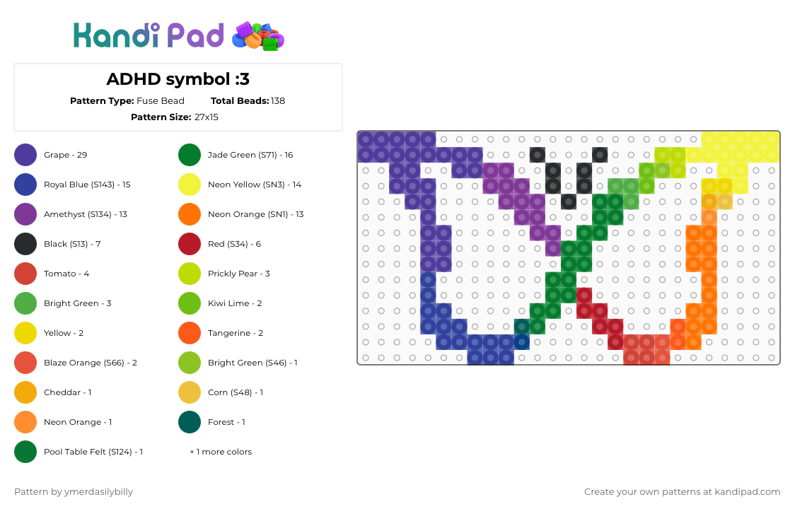 ADHD symbol :3 Fuse Bead Pattern - Kandi Pad | Kandi Patterns, Fuse ...