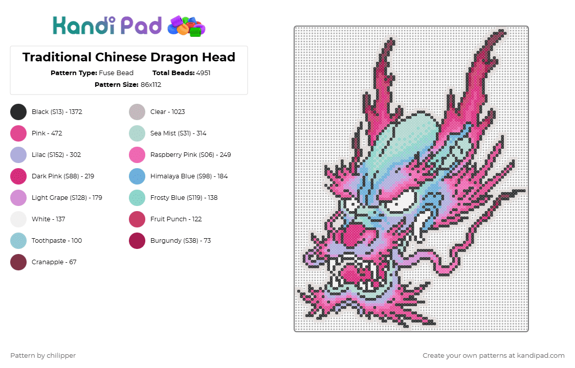 Traditional Chinese Dragon Head Fuse Bead Pattern - Kandi Pad | Kandi ...