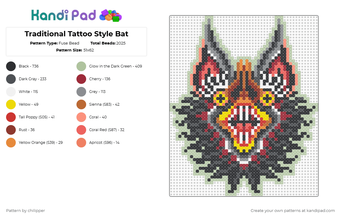 Traditional Tattoo Style Bat Fuse Bead Pattern - Kandi Pad | Kandi ...