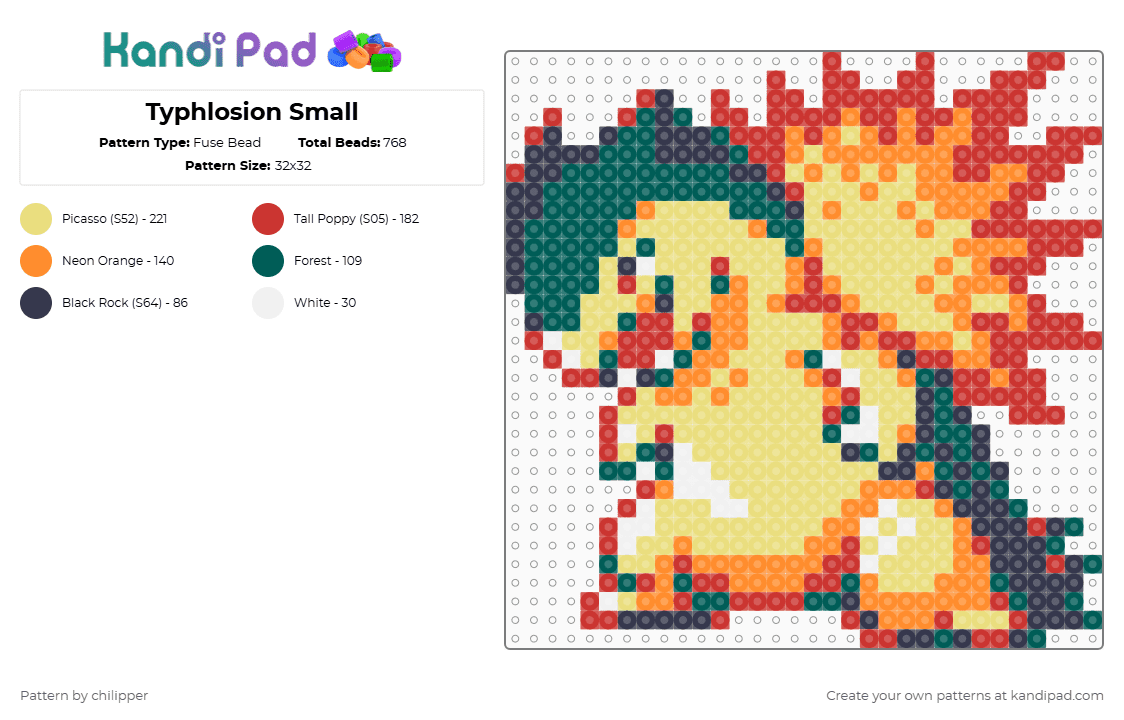 Typhlosion Small Fuse Bead Pattern - Kandi Pad | Kandi Patterns, Fuse ...