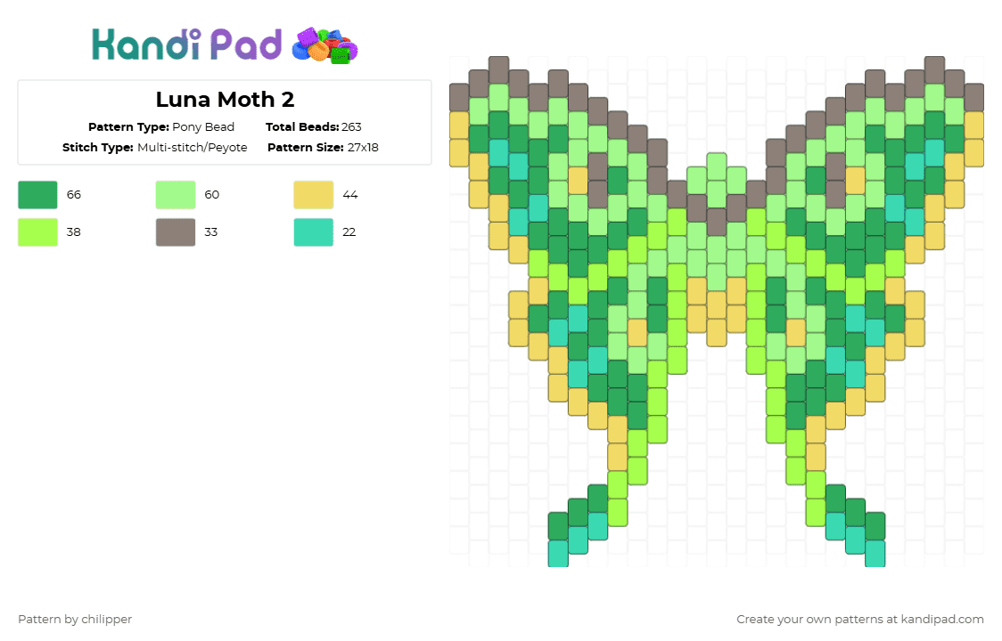 Luna Moth 2 Pony Bead Pattern - Kandi Pad | Kandi Patterns, Fuse Bead ...