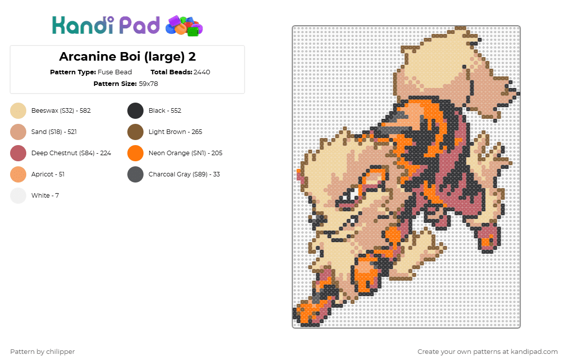 Arcanine Boi (large) 2 Fuse Bead Pattern - Kandi Pad | Kandi Patterns ...