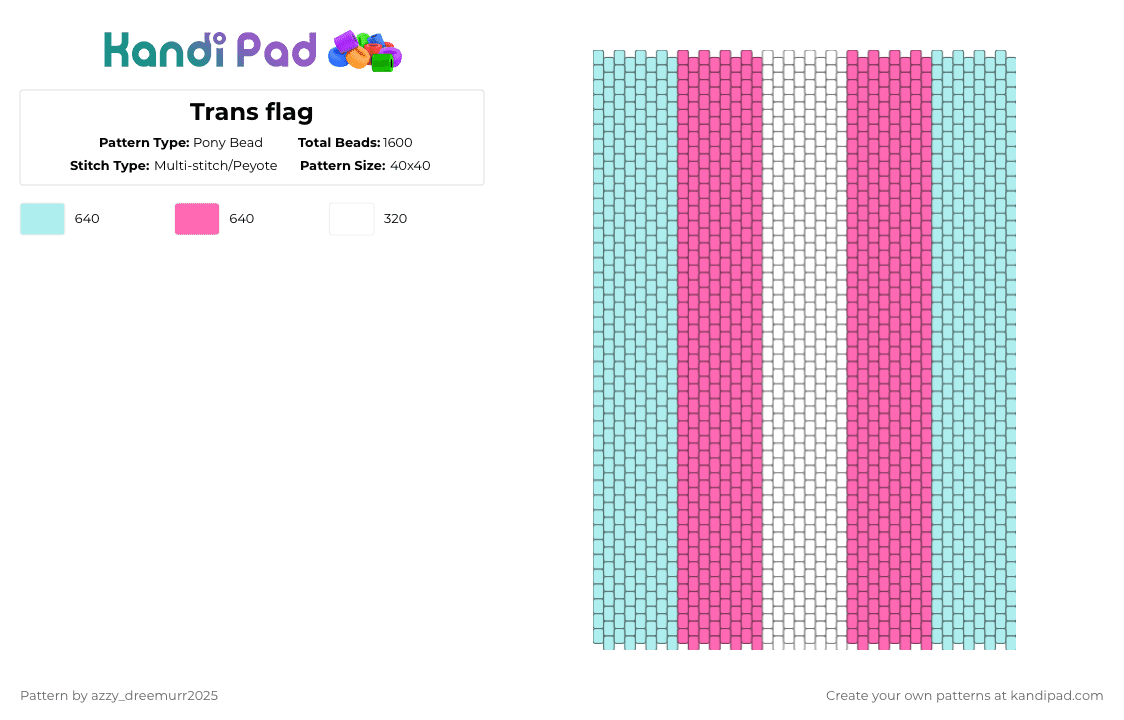 Trans flag Pony Bead Pattern - Kandi Pad | Kandi Patterns, Fuse Bead ...