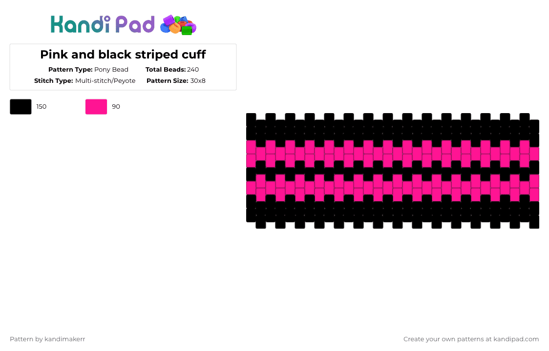Pink and black striped cuff Pony Bead Pattern - Kandi Pad | Kandi ...