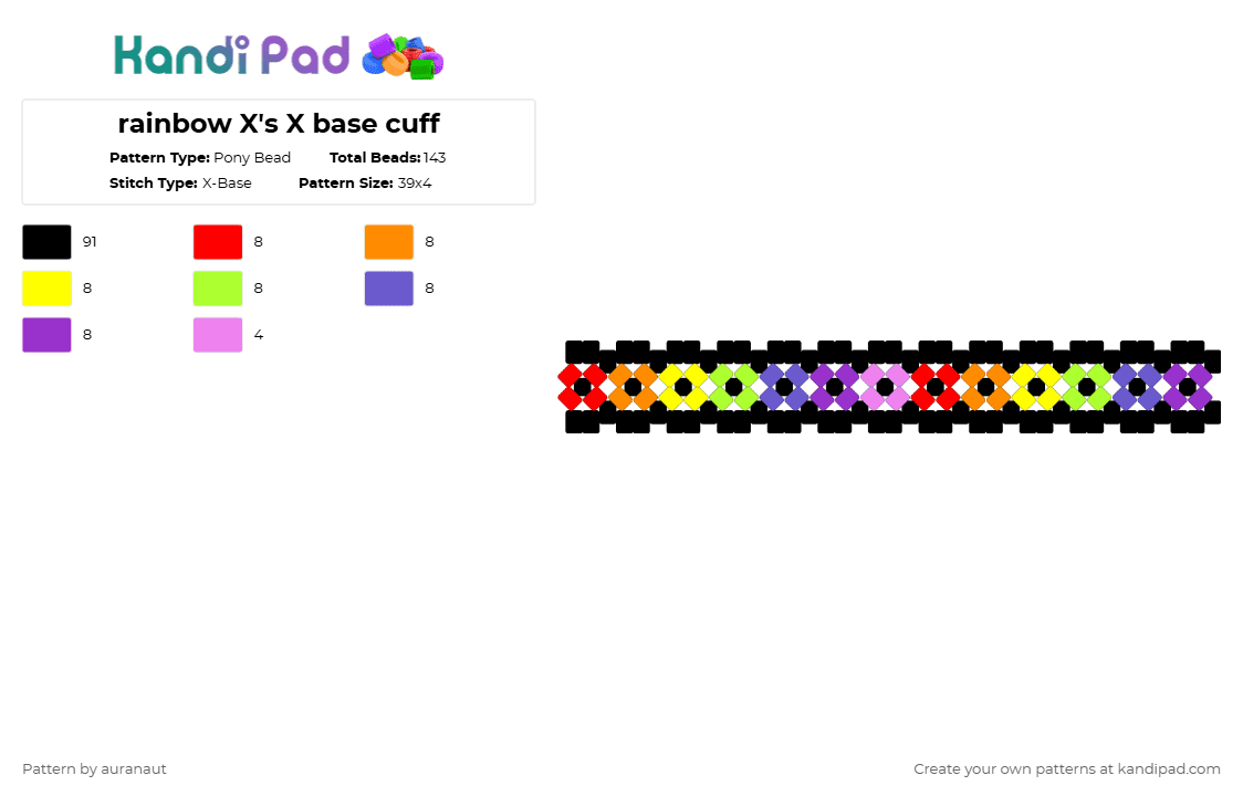 Rainbow X's X base cuff Pony Bead Pattern - Kandi Pad | Kandi Patterns ...