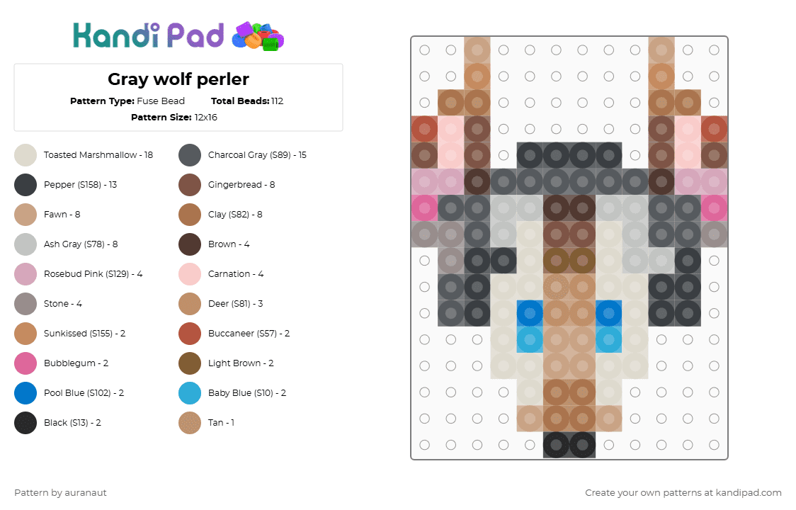 Gray wolf perler Fuse Bead Pattern - Kandi Pad | Kandi Patterns, Fuse ...