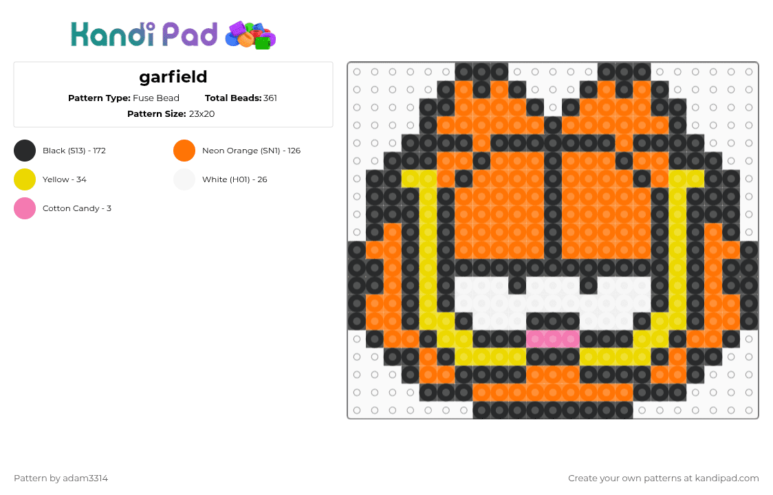 Garfield Fuse Bead Pattern - Kandi Pad | Kandi Patterns, Fuse Bead ...