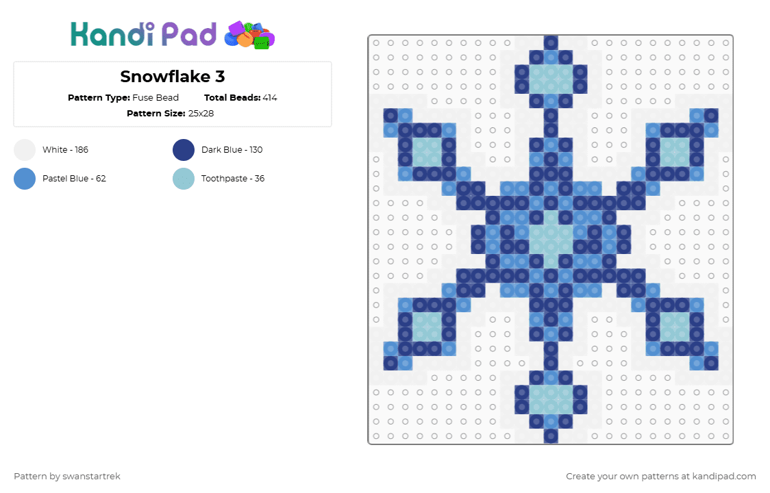 Snowflake 3 Fuse Bead Pattern - Kandi Pad | Kandi Patterns, Fuse Bead ...