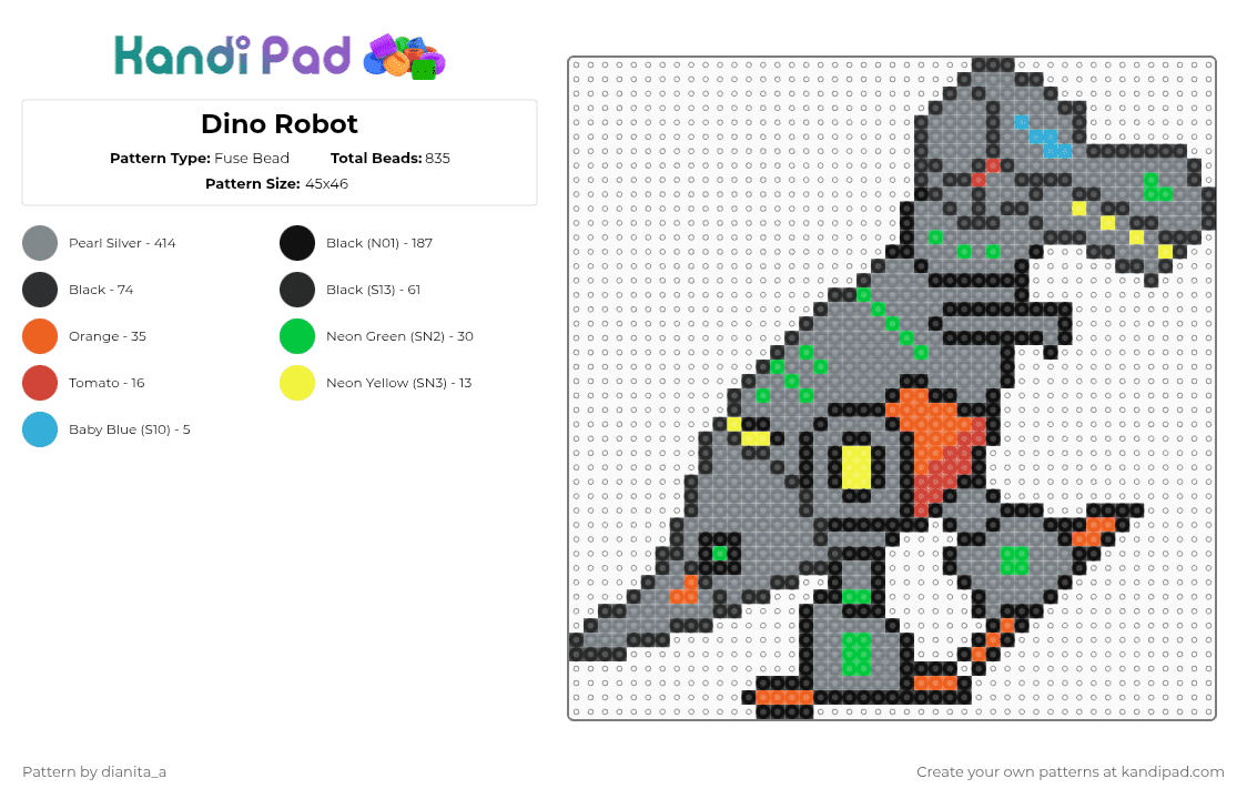 Dino Robot Fuse Bead Pattern - Kandi Pad | Kandi Patterns, Fuse Bead ...