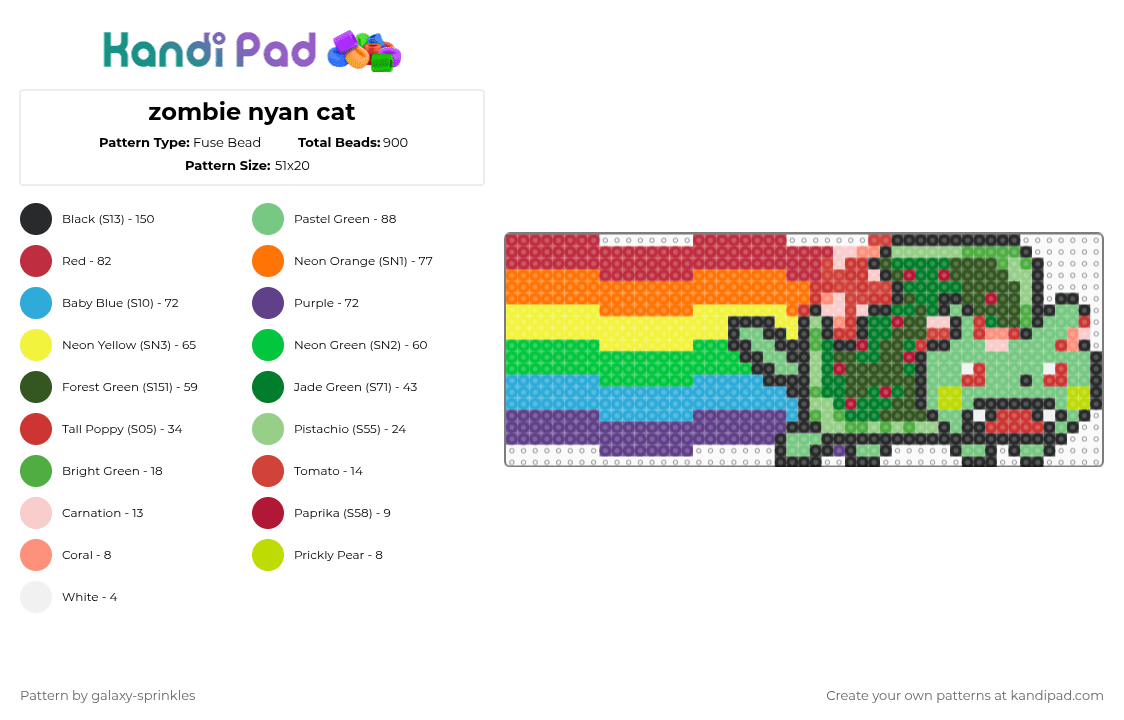 Zombie nyan cat Fuse Bead Pattern - Kandi Pad | Kandi Patterns, Fuse ...
