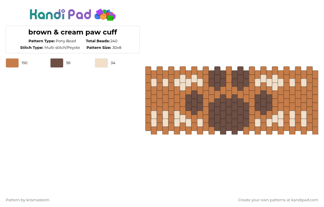 Brown & cream paw cuff Pony Bead Pattern - Kandi Pad | Kandi Patterns ...