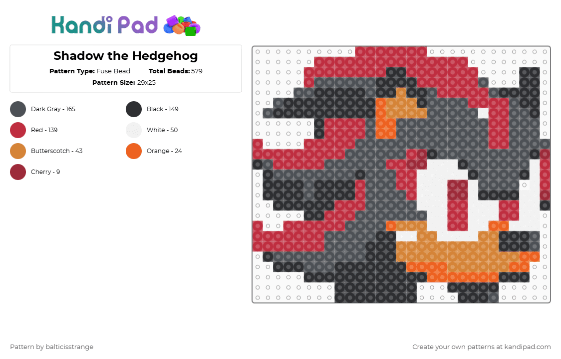 Shadow the Hedgehog Fuse Bead Pattern - Kandi Pad | Kandi Patterns ...