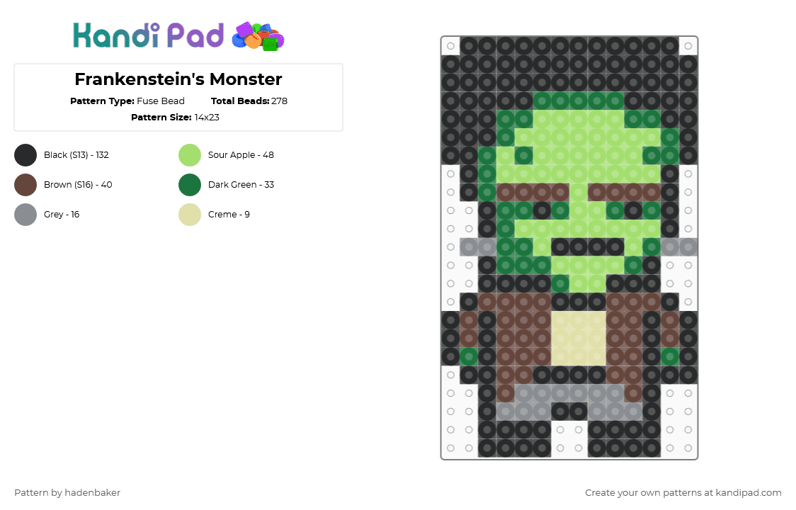 Frankenstein's Monster Fuse Bead Pattern - Kandi Pad | Kandi Patterns ...
