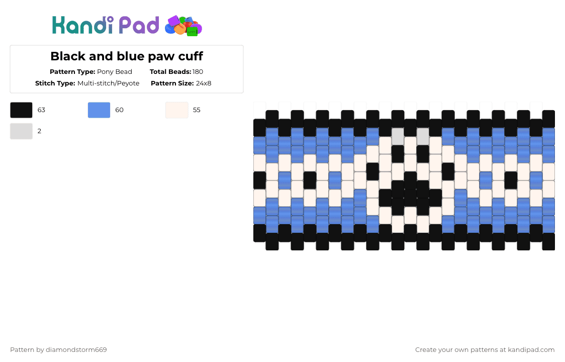 Black and blue paw cuff Pony Bead Pattern - Kandi Pad | Kandi Patterns ...
