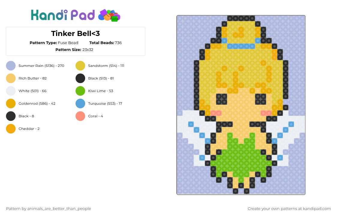 Tinker Bell Fuse Bead Pattern - Kandi Pad | Kandi Patterns, Fuse Bead ...