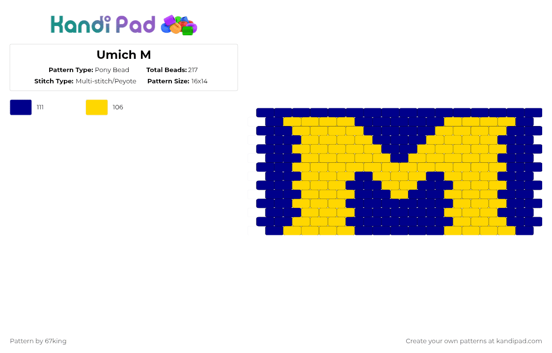 Umich M Pony Bead Pattern - Kandi Pad | Kandi Patterns, Fuse Bead ...