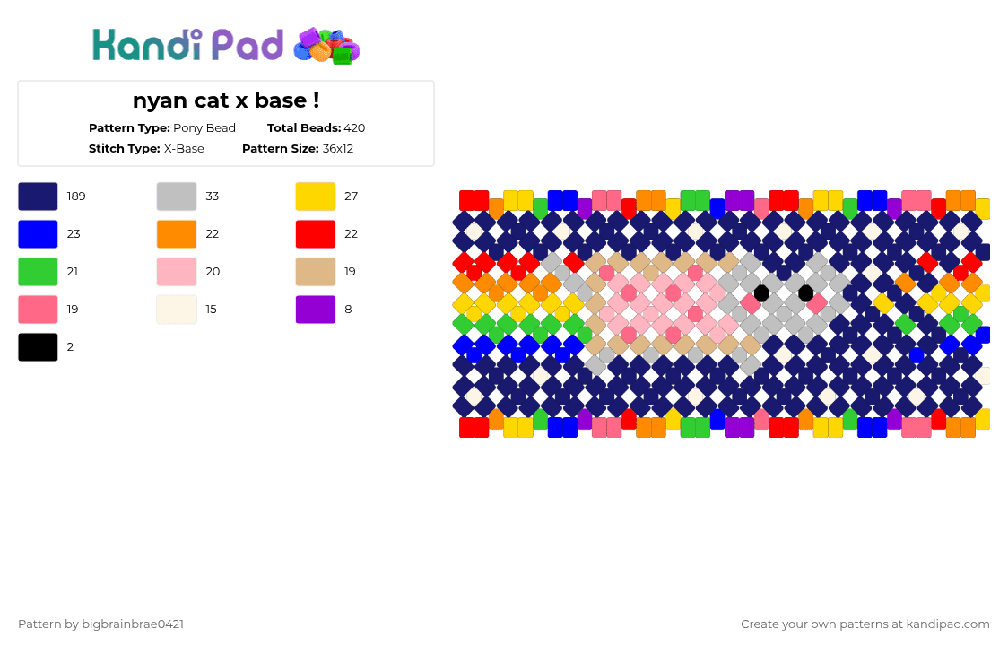 Nyan cat x base ! Pony Bead Pattern - Kandi Pad | Kandi Patterns, Fuse ...