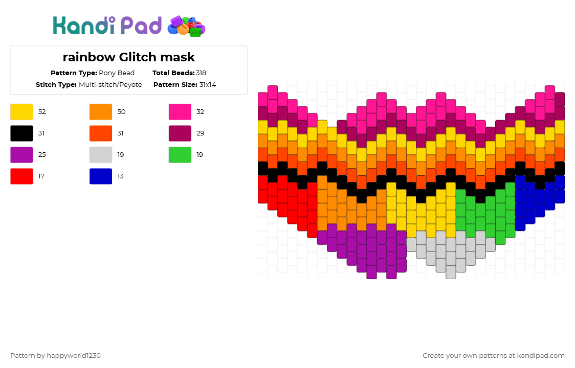Rainbow Glitch mask Pony Bead Pattern - Kandi Pad | Kandi Patterns ...