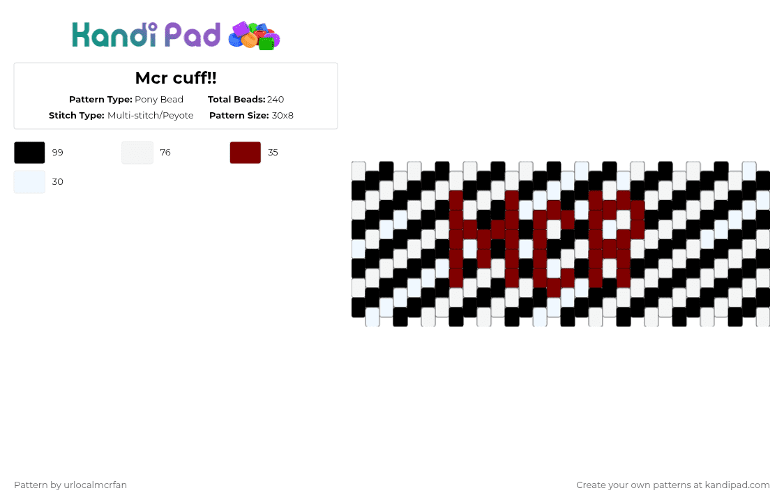 Mcr cuff!! Pony Bead Pattern - Kandi Pad | Kandi Patterns, Fuse Bead ...