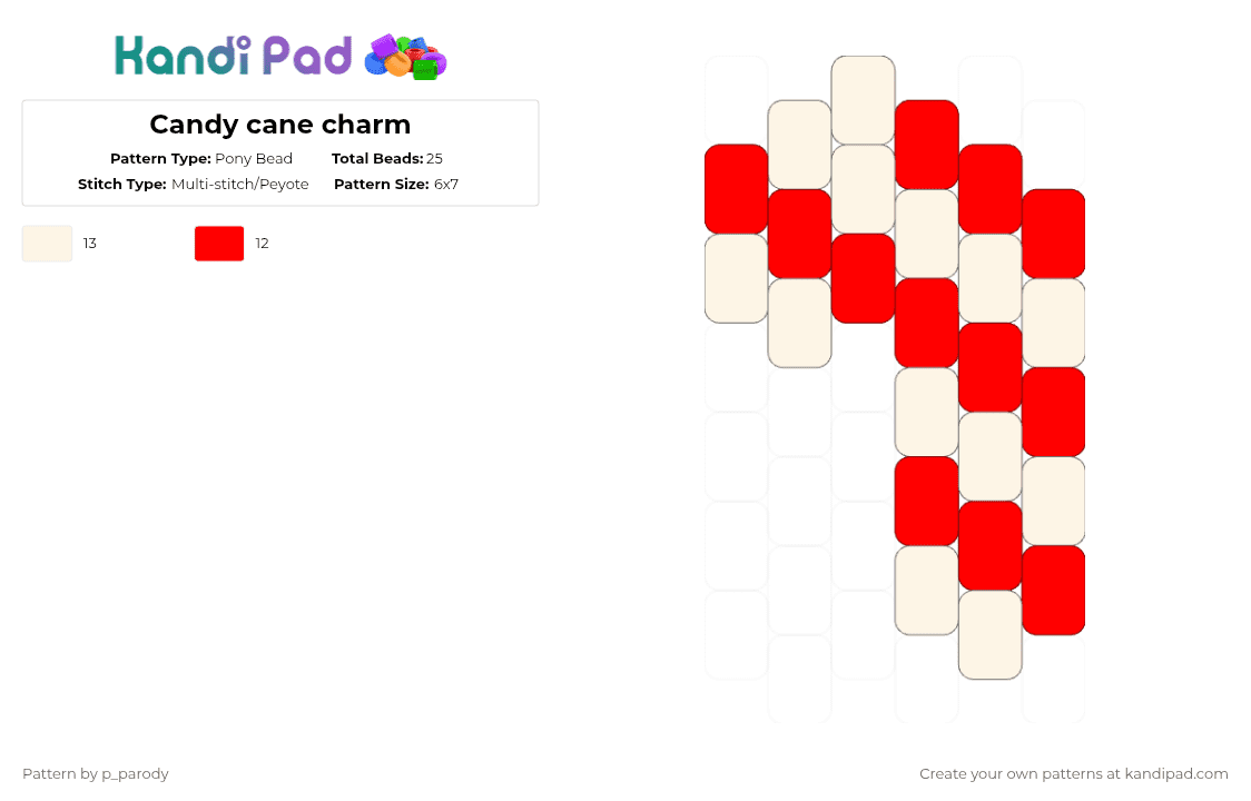 Candy cane charm Pony Bead Pattern - Kandi Pad | Kandi Patterns, Fuse ...