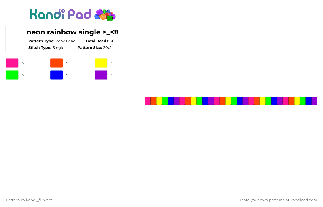 Neon rainbow single >_ Pony Bead Pattern - Kandi Pad | Kandi Patterns ...
