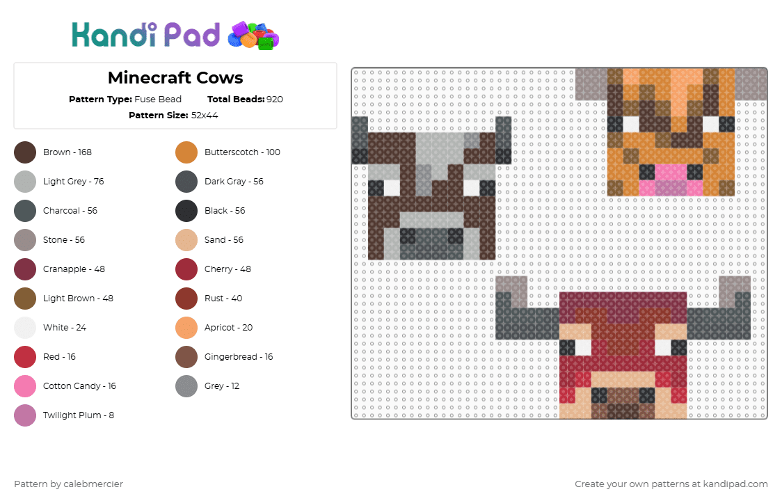 Minecraft Cows Fuse Bead Pattern - Kandi Pad | Kandi Patterns, Fuse ...