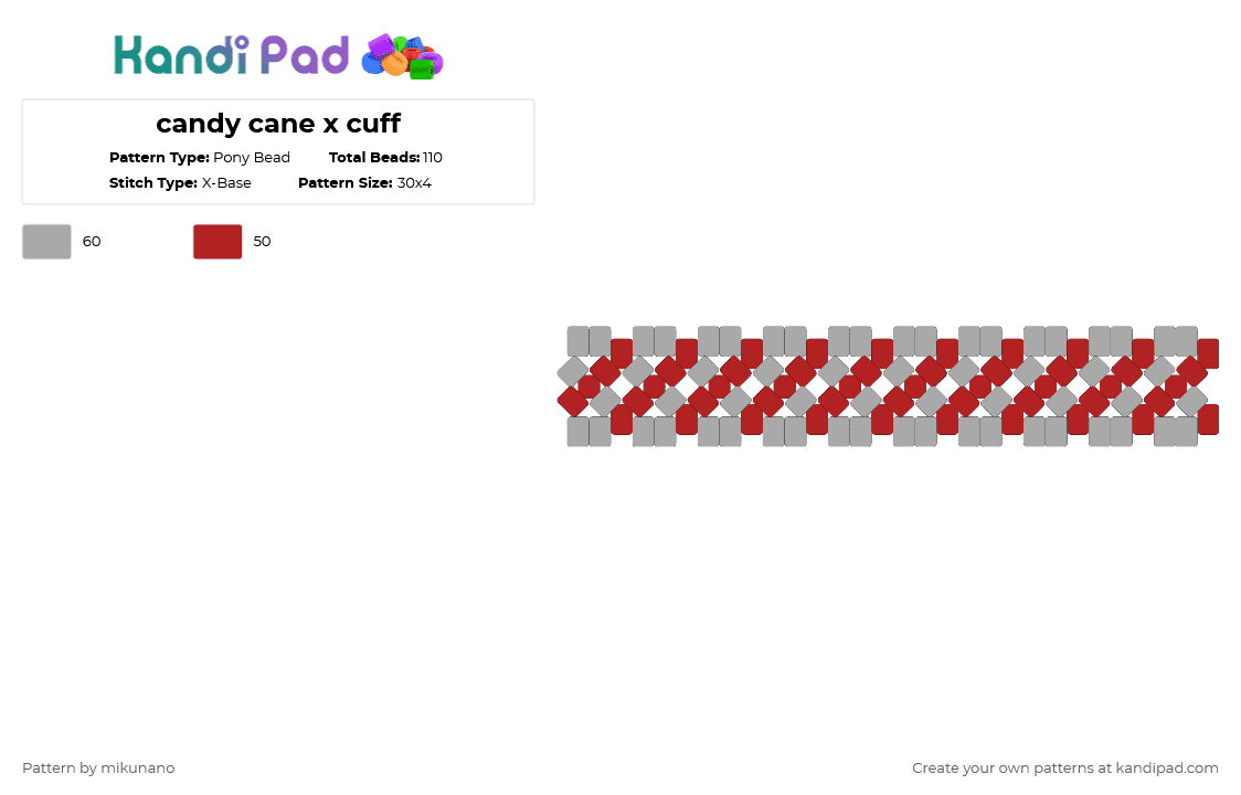 Candy cane x cuff Pony Bead Pattern - Kandi Pad | Kandi Patterns, Fuse ...
