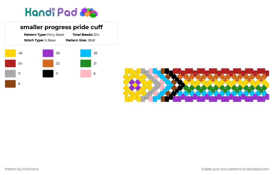 Smaller progress pride cuff Pony Bead Pattern - Kandi Pad | Kandi ...