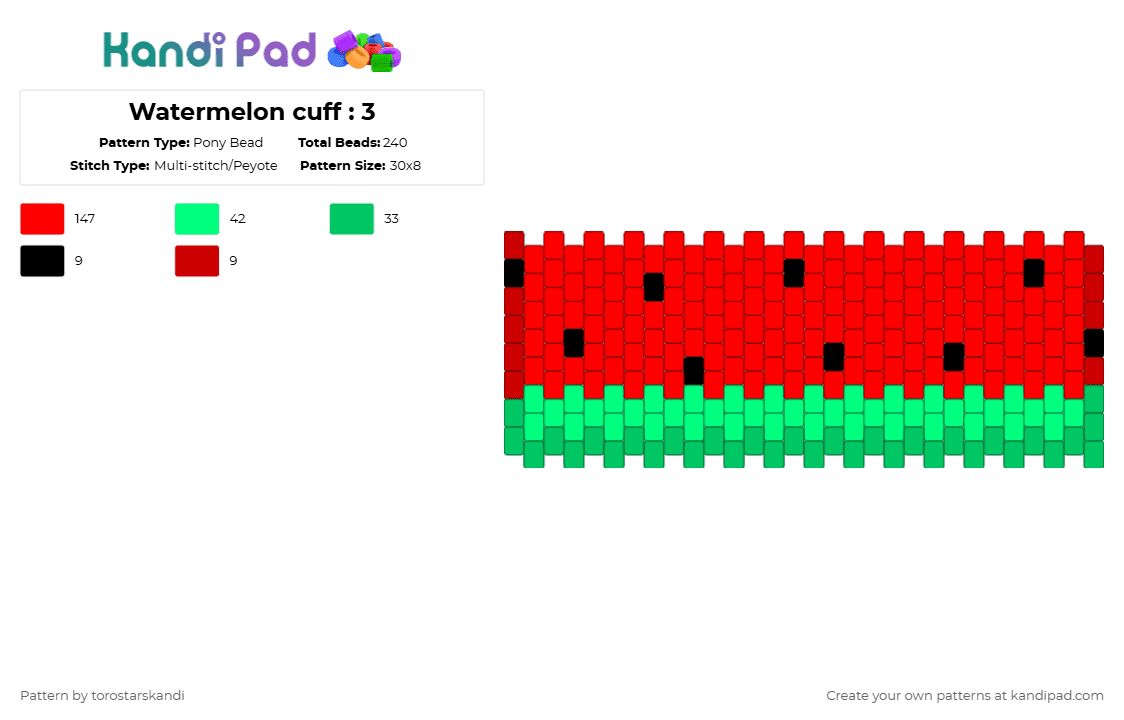 Watermelon cuff : 3 Pony Bead Pattern - Kandi Pad | Kandi Patterns ...