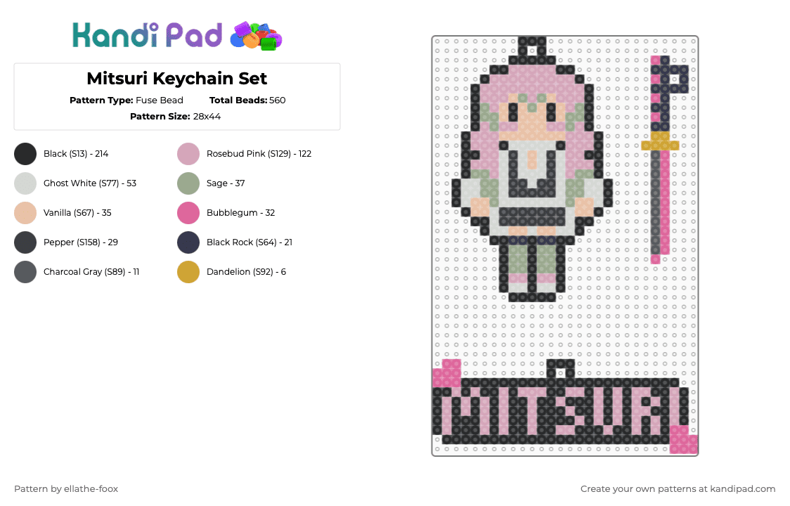 Mitsuri Keychain Set Fuse Bead Pattern - Kandi Pad | Kandi Patterns ...