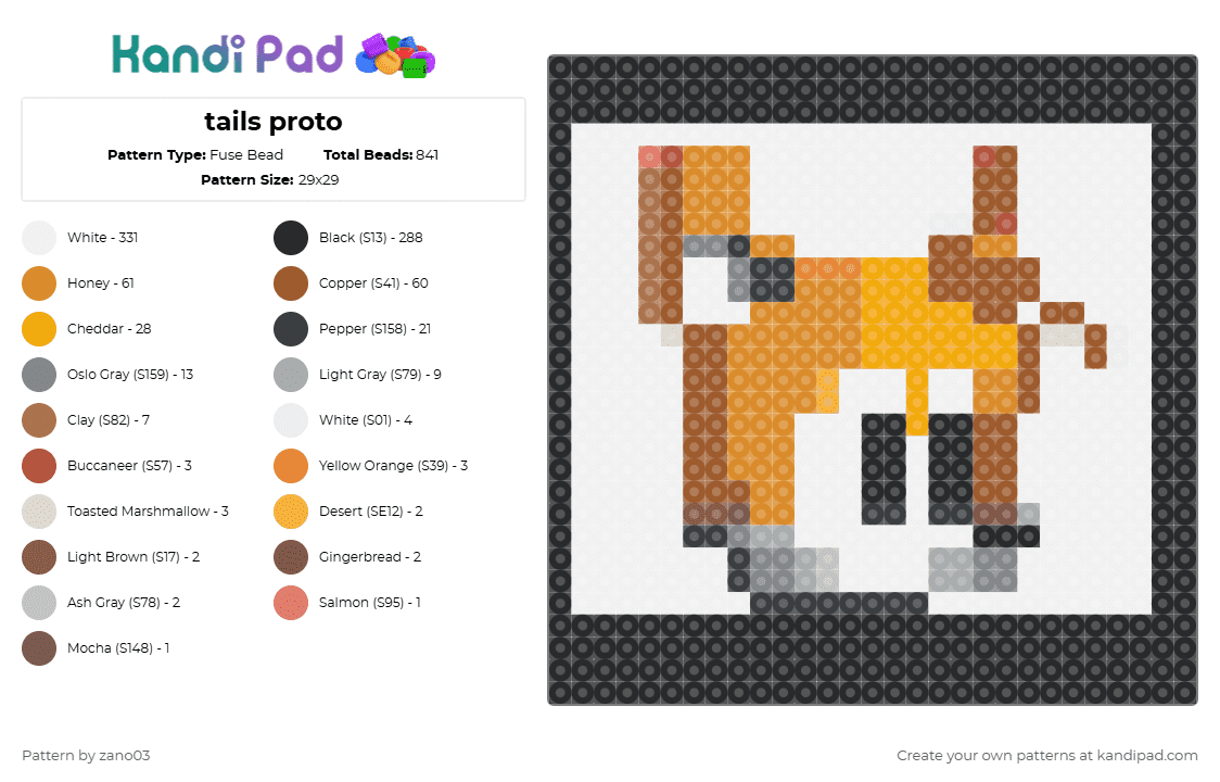Tails proto Fuse Bead Pattern - Kandi Pad | Kandi Patterns, Fuse Bead ...