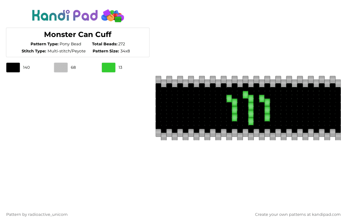 Monster Can Cuff Pony Bead Pattern - Kandi Pad | Kandi Patterns, Fuse ...