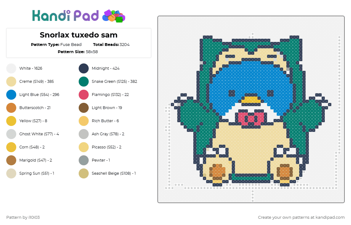 Snorlax tuxedo sam Fuse Bead Pattern - Kandi Pad | Kandi Patterns, Fuse ...