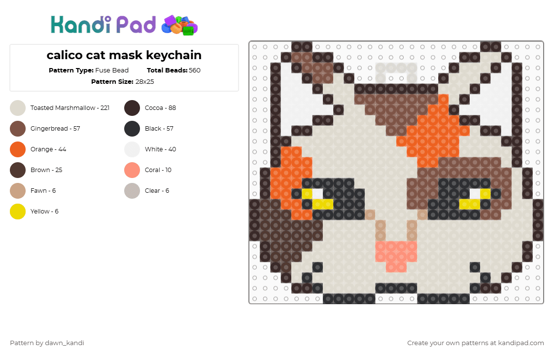 Calico cat mask keychain Fuse Bead Pattern - Kandi Pad | Kandi Patterns ...