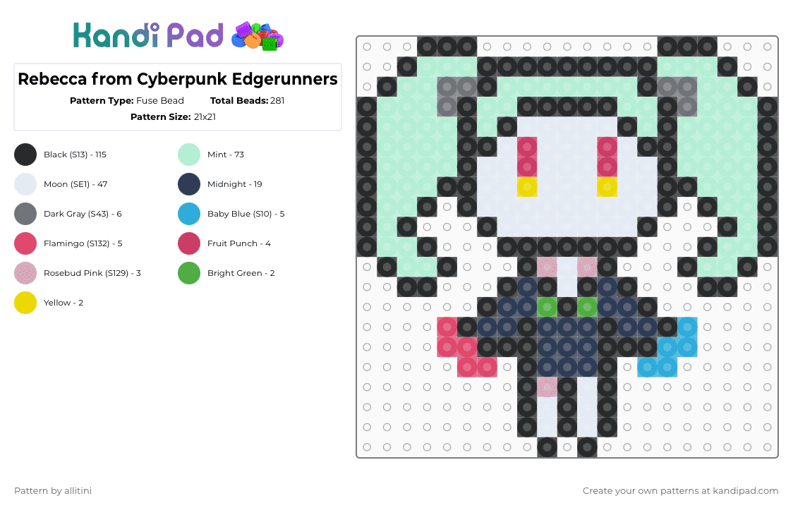 Rebecca from Cyberpunk Edgerunners Fuse Bead Pattern - Kandi Pad ...