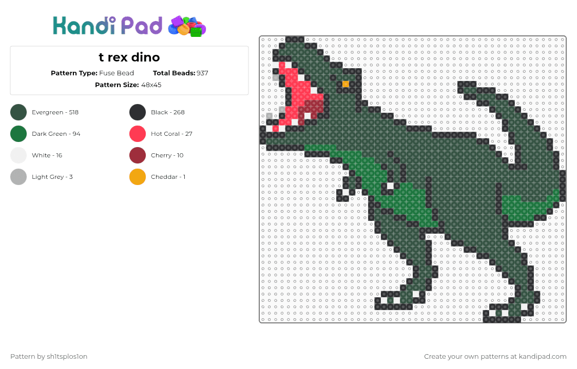 T rex dino Fuse Bead Pattern - Kandi Pad | Kandi Patterns, Fuse Bead ...
