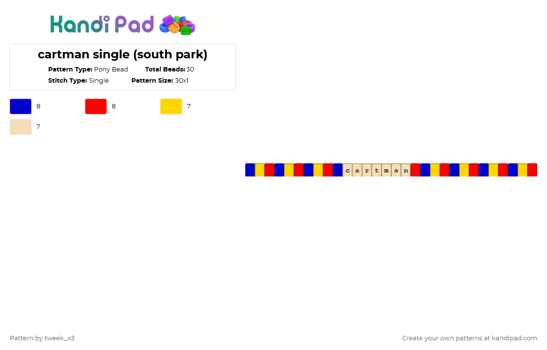 Cartman single (south park) Pony Bead Pattern - Kandi Pad | Kandi ...