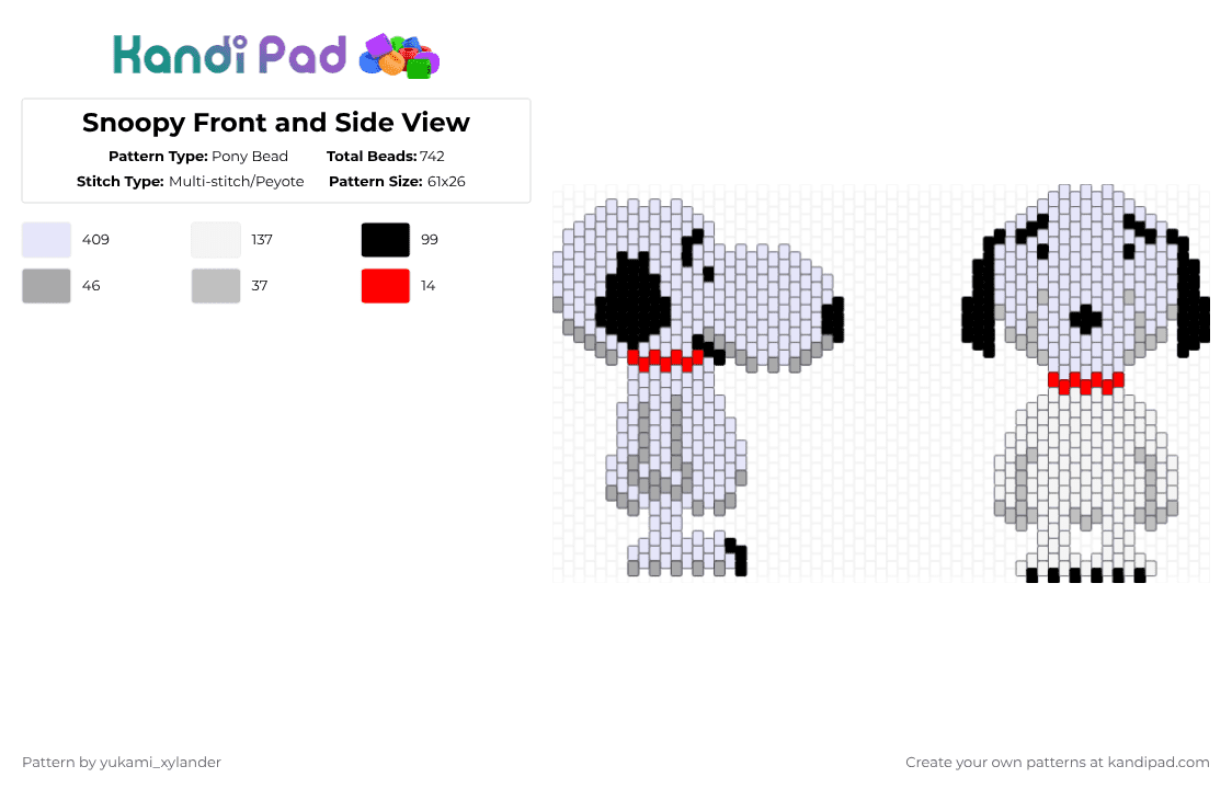 Snoopy Front and Side View Pony Bead Pattern - Kandi Pad | Kandi ...