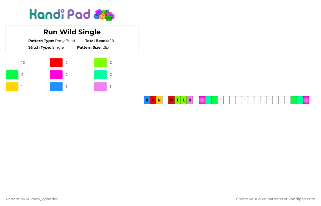 Run Wild Single Pony Bead Pattern - Kandi Pad | Kandi Patterns, Fuse ...