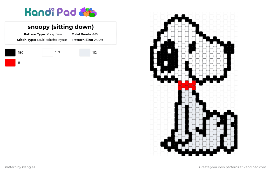 Snoopy (sitting down) Pony Bead Pattern - Kandi Pad | Kandi Patterns ...