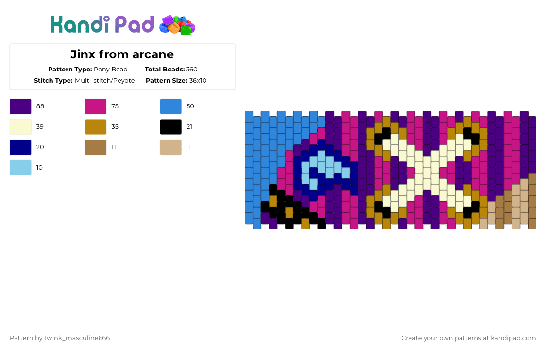 Jinx from arcane Pony Bead Pattern - Kandi Pad | Kandi Patterns, Fuse ...